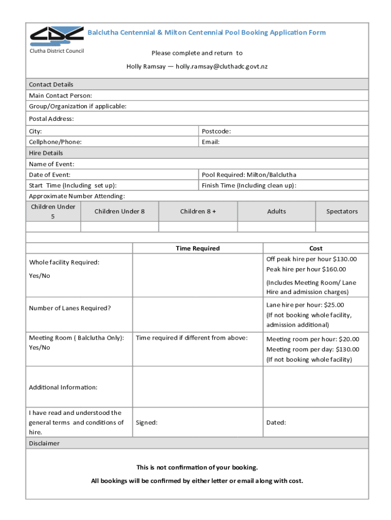 Fillable Online Balclutha Centennial & Milton Centennial Pool Booking ...