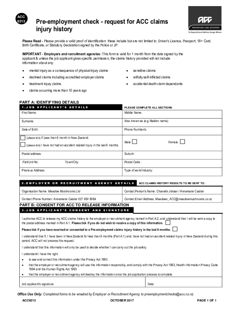Fillable Online Pre-employment check - request for ACC claims injury ...