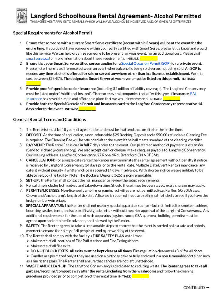 Fillable Online Rental Agreement - Alcohol Policy Langford Schoolhouse ...