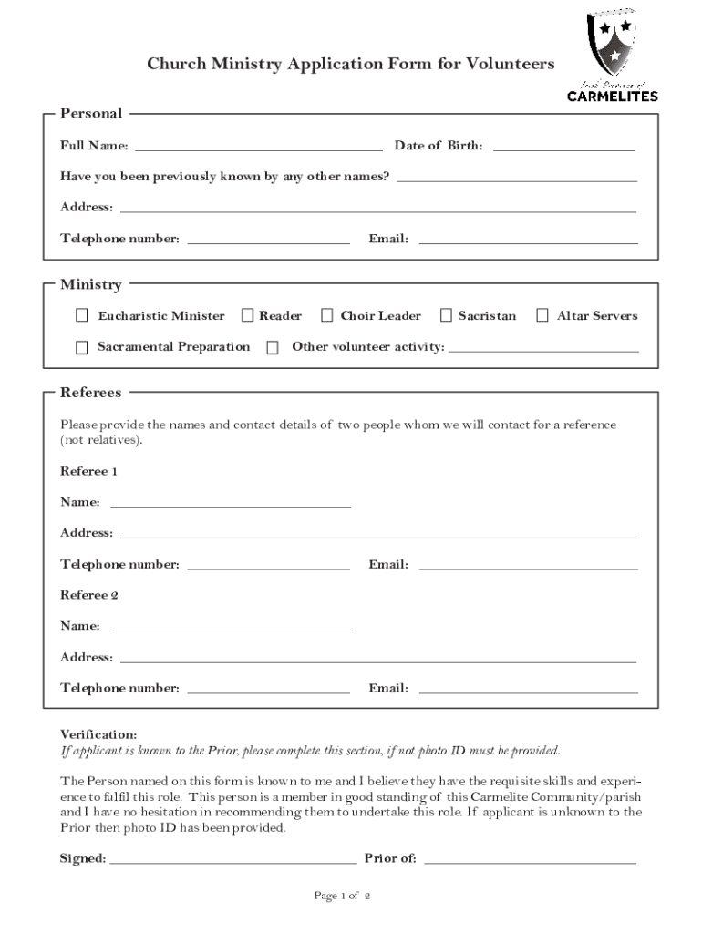 Fillable Online Church Ministry Application Form for Volunteers ...
