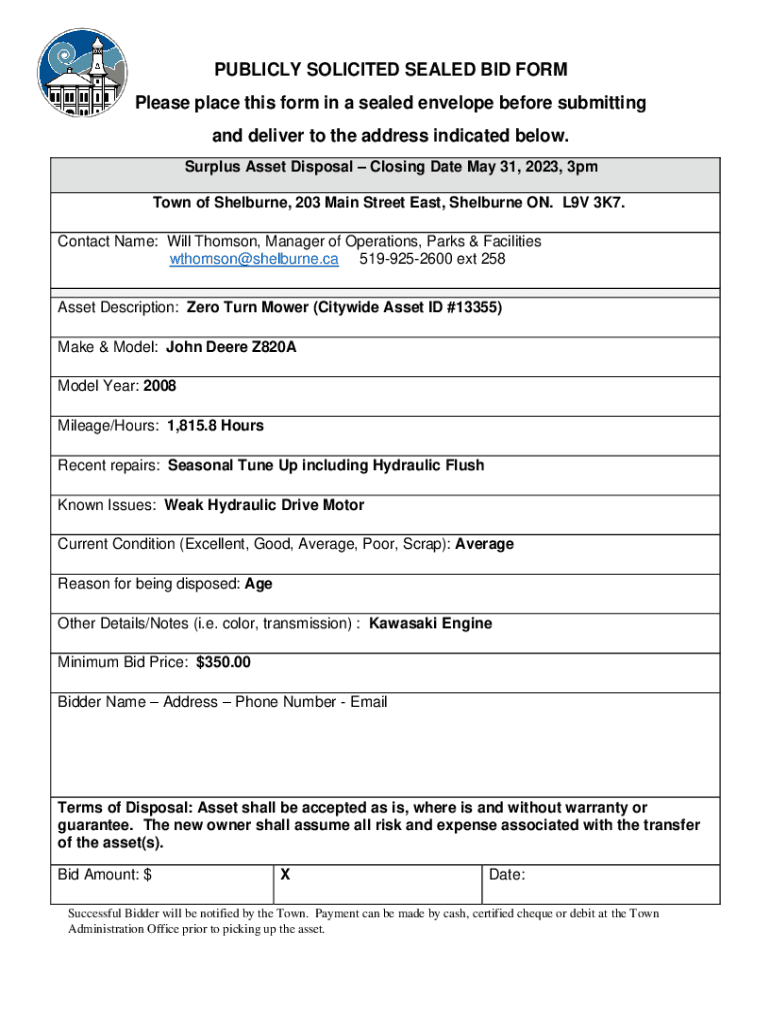 Fillable Online Sealed Bid Form - Zero Turn Mower (Citywide Asset ID ...