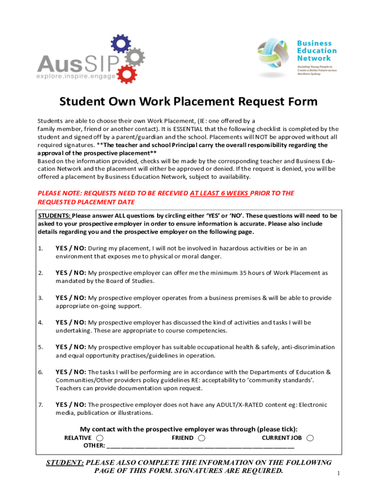 Fillable Online Student Own Work Placement Request Form Fax Email Print ...