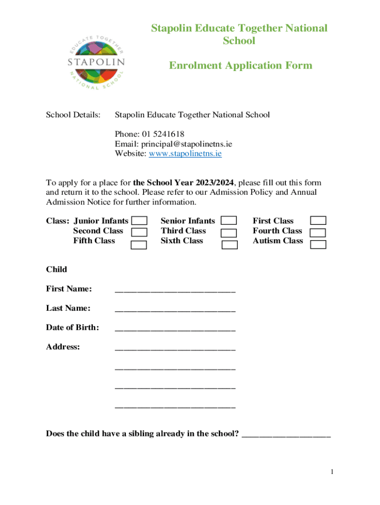 Fillable Online Stapolin Educate Together National School Enrolment ...