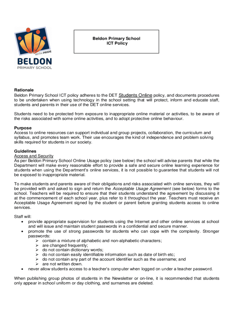 Fillable Online Rationale Beldon Primary School ICT policy adheres to ...