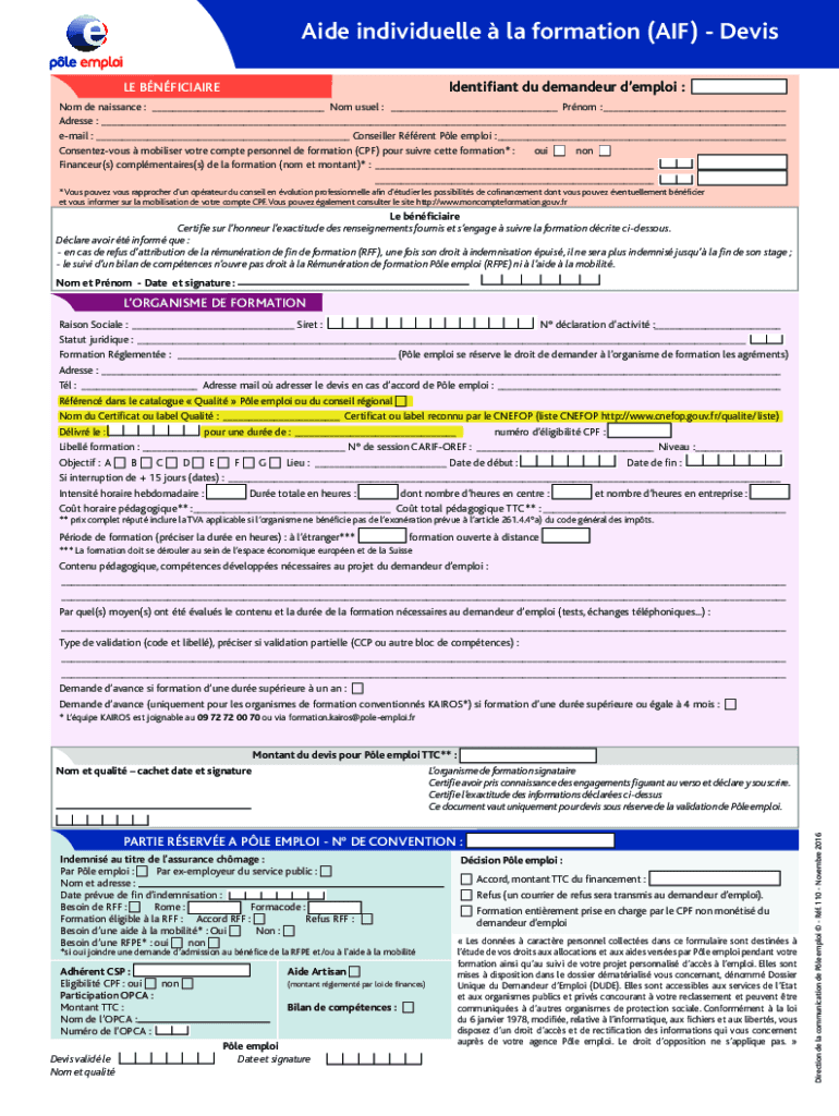 Remplissable En Ligne L'aide individuellela formation (AIF)Misejour Fax ...