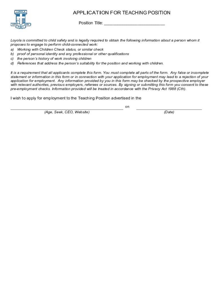 Fillable Online Application for Teaching Position - form.doc Fax Email ...