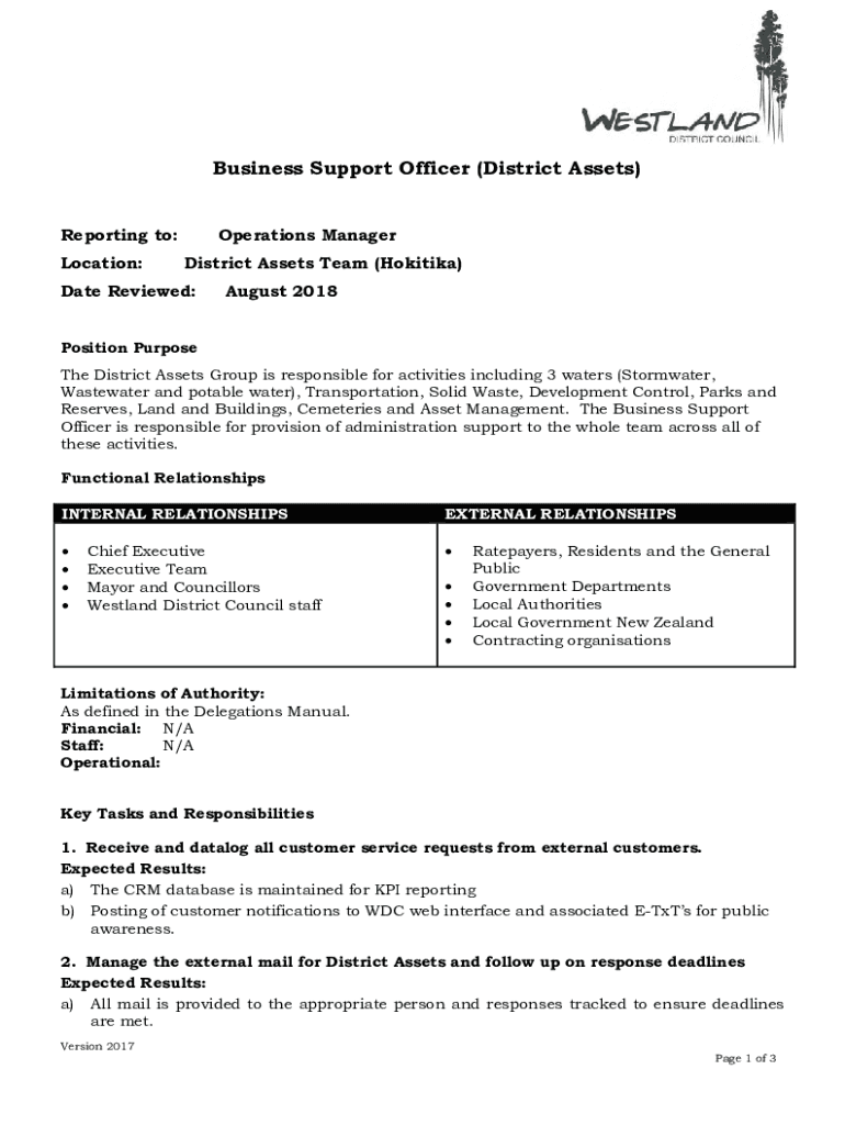 Fillable Online PD - Business Support Officer District Assets - Aug18 ...