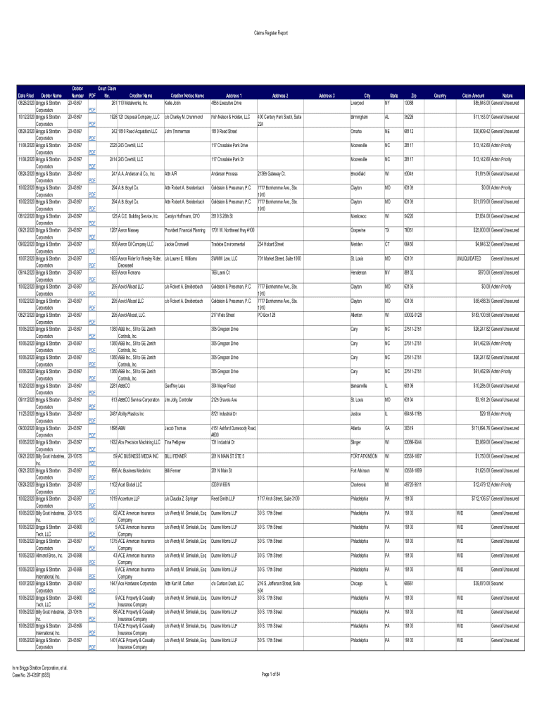 Fillable Online Claims Register Report Date Filed Debtor Name ... Fax Email Print - pdfFiller