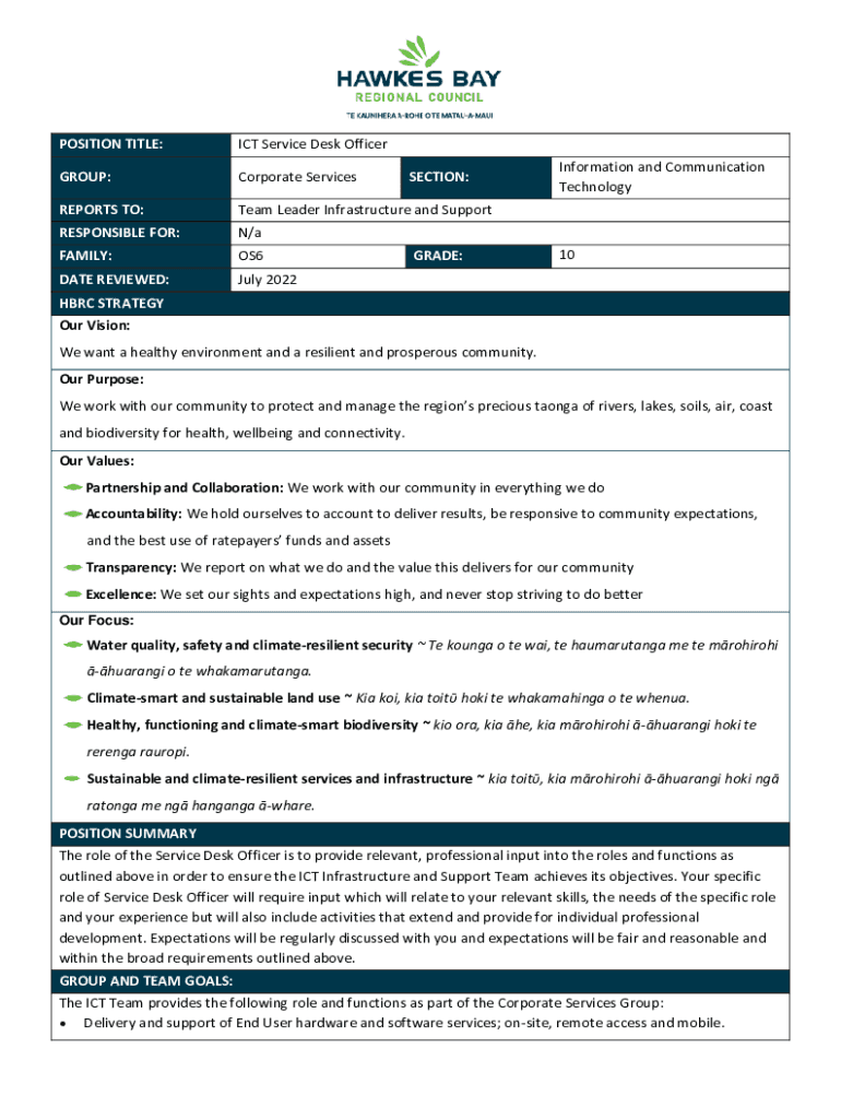 Fillable Online POSITION TITLE: ICT Service Desk Officer GROUP Fax ...