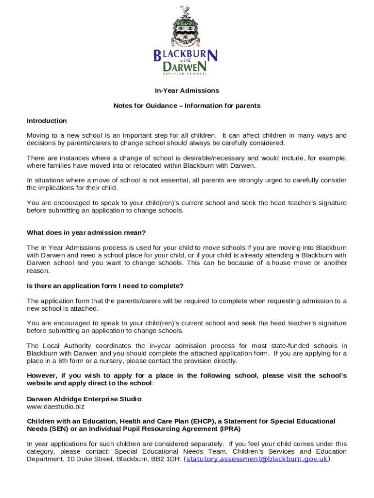In-Year Admission Doc Template | pdfFiller