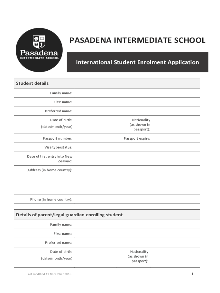 Fillable Online pasadena school INTERNATIONAL STUDENT INFORMATION SHEET ...