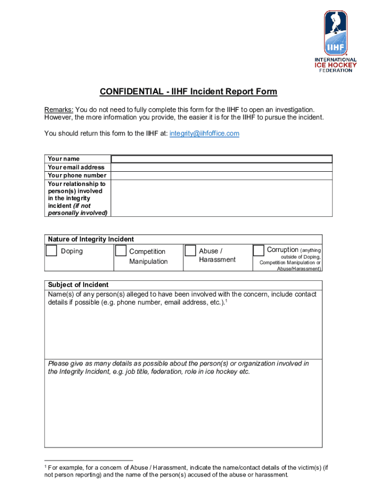 Fillable Online IIHF Incident Report Form. IIHF Incident Report Form ...