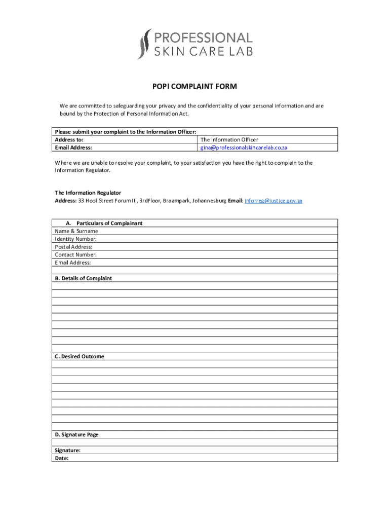 Fillable Online POPI COMPLAINT FORM PSCL SEP2022 Fax Email Print ...
