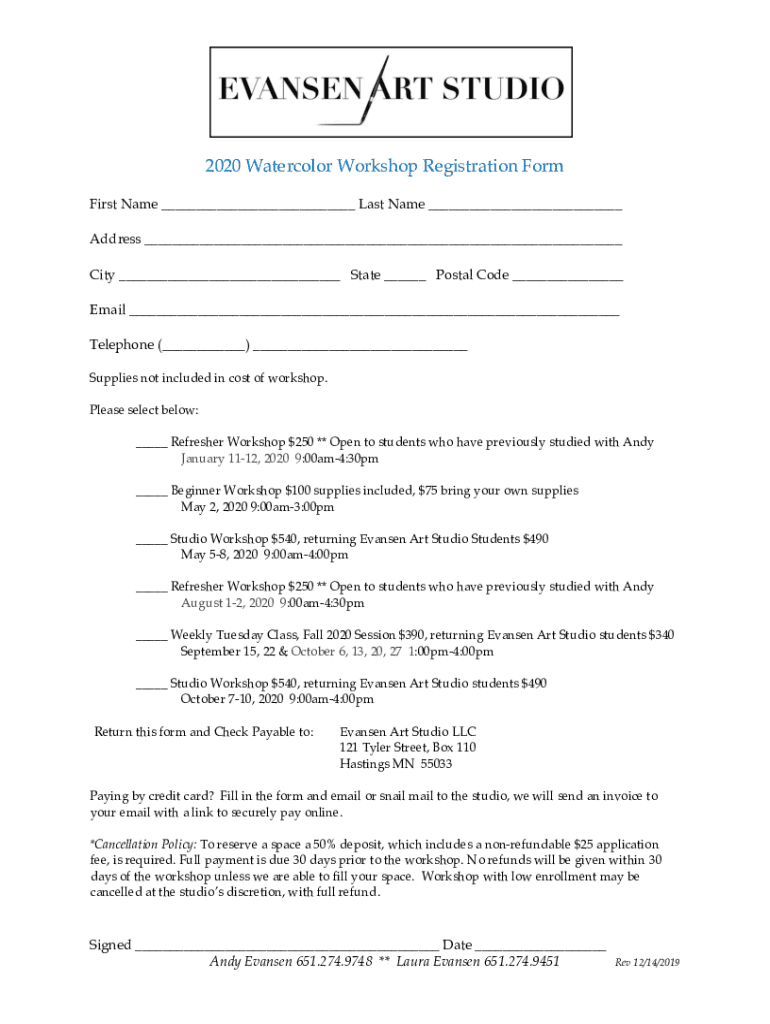 Fillable Online 2020 Watercolor Workshop Registration Form Fax Email ...