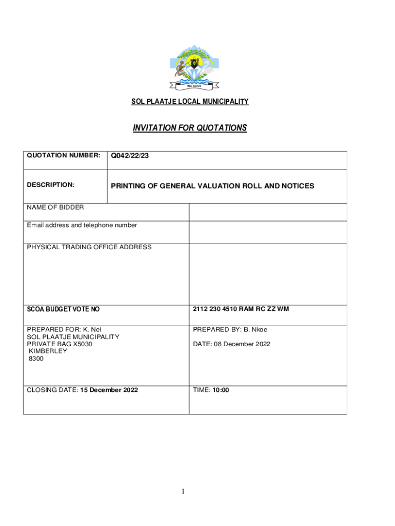 Fillable Online SOL PLAATJE VALUATION ROLL Fax Email Print - pdfFiller