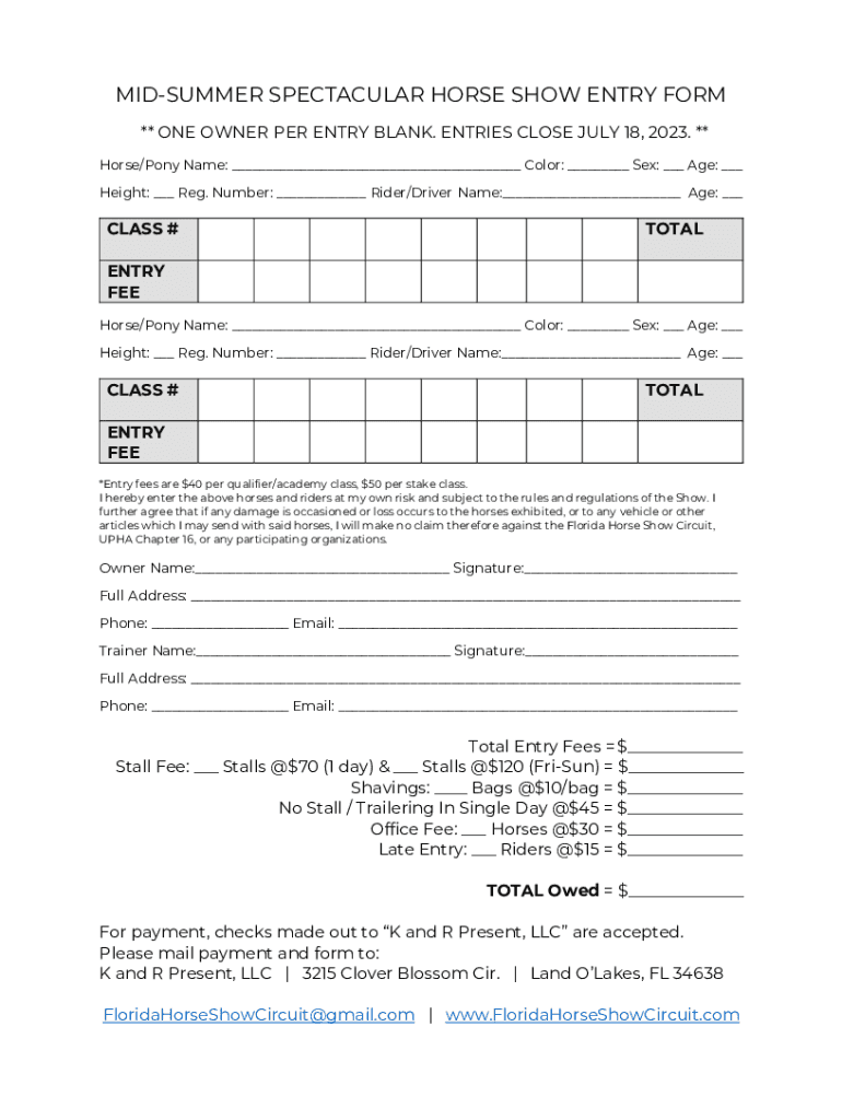 Fillable Online Summer Spectacular Horse Show Entry Form Fax Email ...