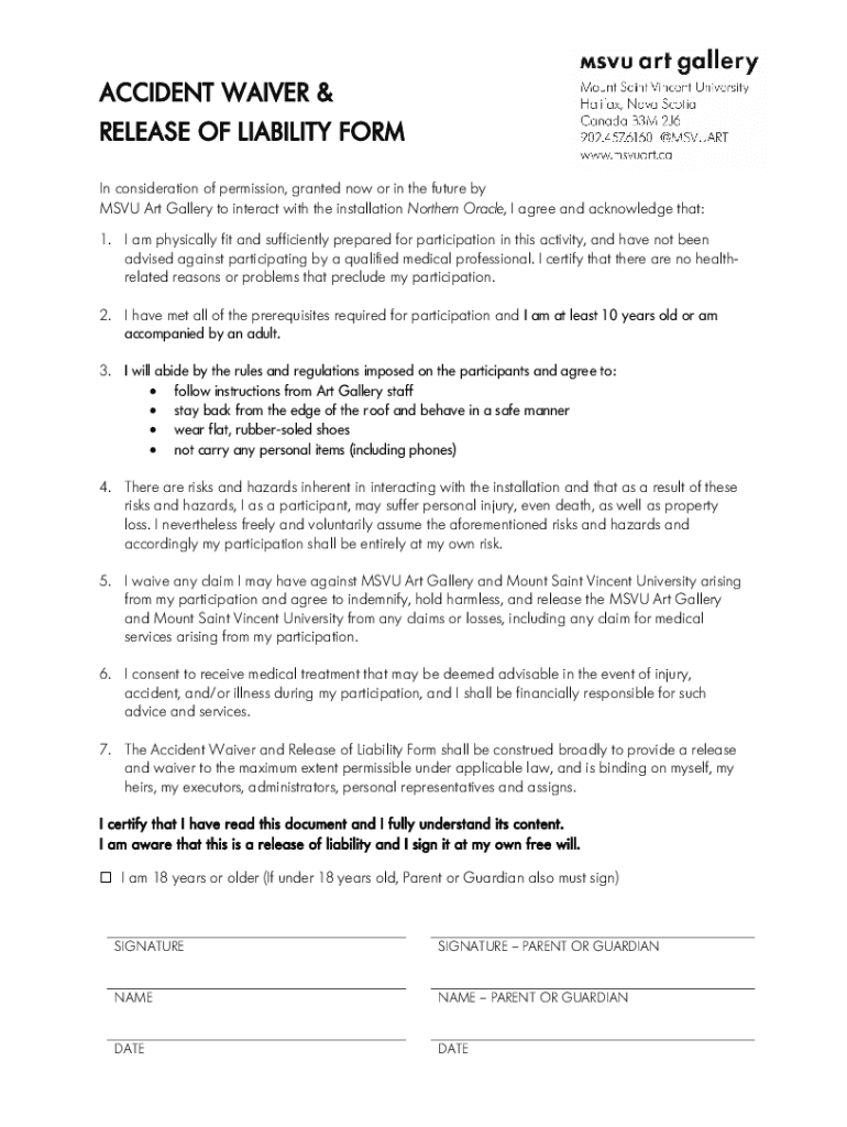 Fillable Online ACCIDENT WAIVER & RELEASE OF LIABILITY FORM Fax Email ...