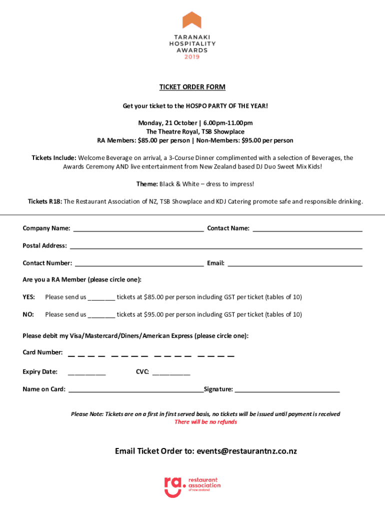 Fillable Online ticket order form - Hospitality Awards Fax Email Print ...
