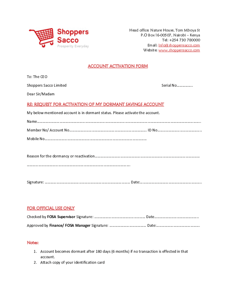 Fillable Online ACCOUNT ACTIVATION FORM To: The CEO Shoppers Sacco ...