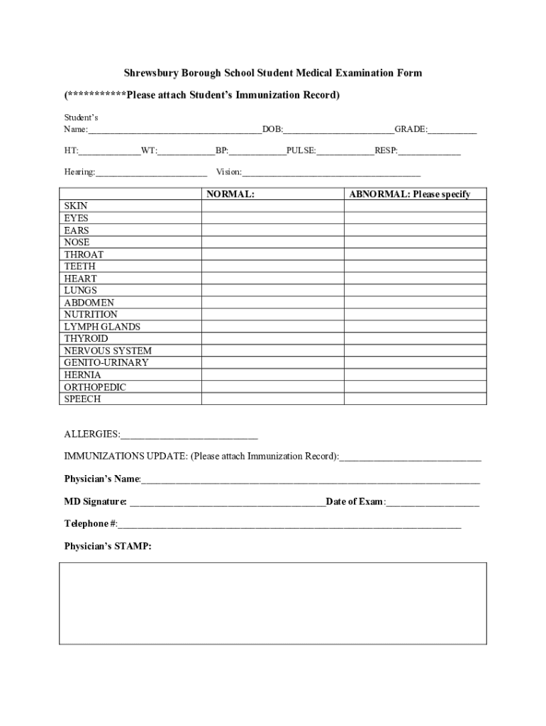 Fillable Online Shrewsbury Borough School Student Medical Examination ...