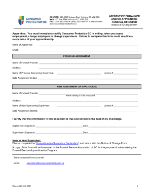 Fillable Online Funeral Apprentice Notice of Change Fax Email Print ...