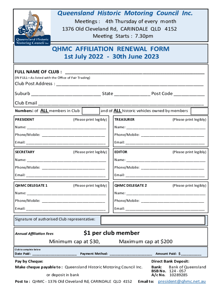 Fillable Online QHMC AFFILIATION RENEWAL FORM 1st July 2022 Fax Email ...