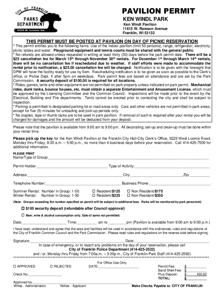 Fillable Online City of Franklin Parks and RecShelter - Ken Windl Pavilion Fax Email Print ...