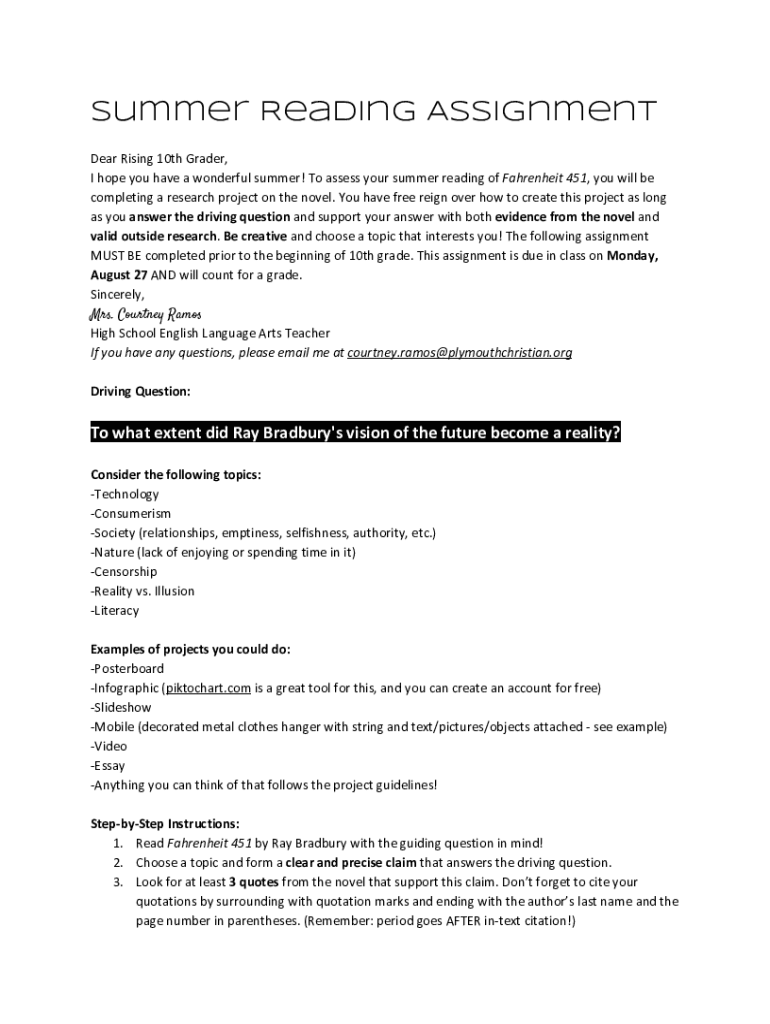 Fillable Online 12th Grade Summer Reading Choose one work of fiction ...