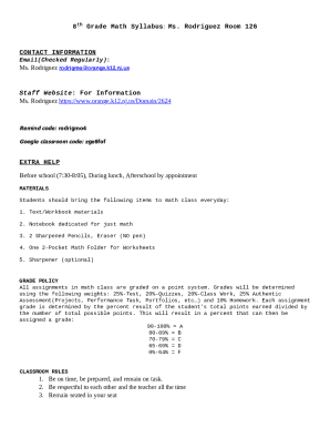 Fillable Online 8th Grade Math Syllabus: Ms. Rodriguez Room 128 Fax Email Print - pdfFiller