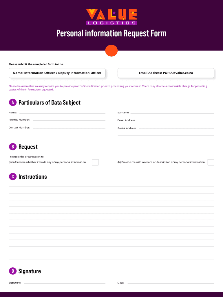 Fillable Online value co POPIA Personal Information Request Form Fax ...
