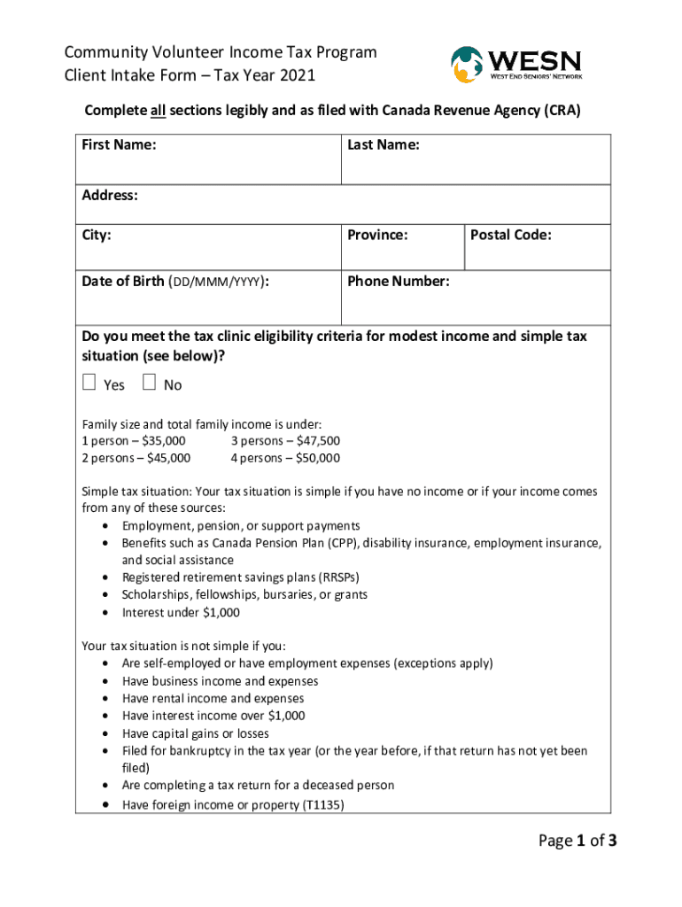 Fillable Online Community Volunteer Income Tax Program Client Intake ...
