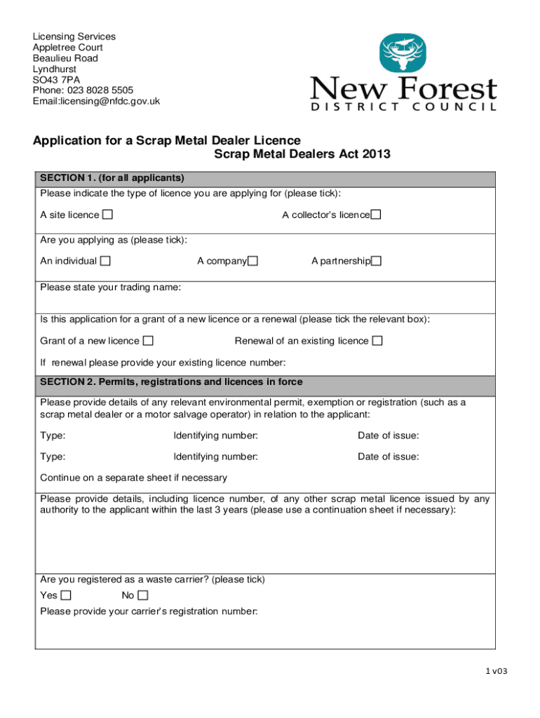 Fillable Online newforest gov Scrap metal dealer licence (England and ...