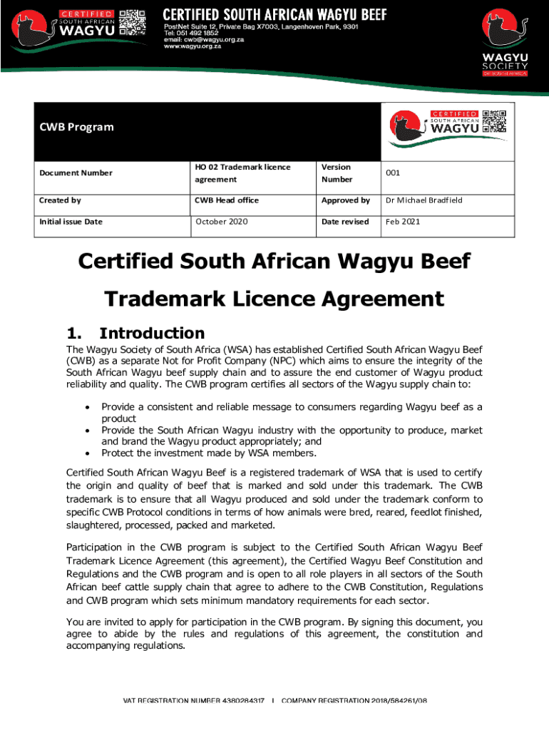 Fillable Online Certified South African Wagyu Beef Trademark Licence ...