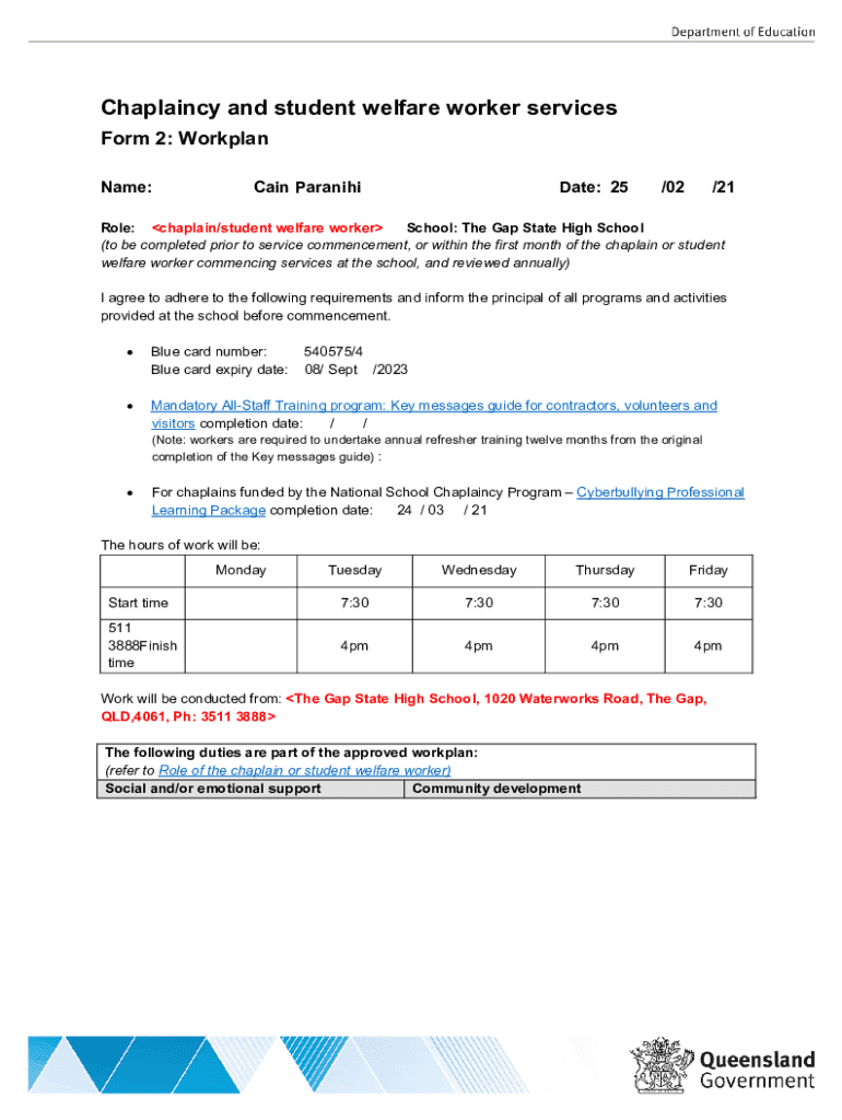 Fillable Online Chaplaincy and student welfare worker services - Form 2 ...