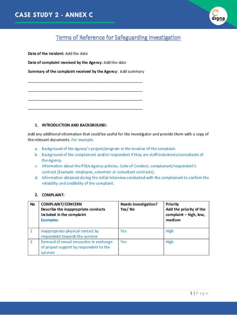 Fillable Online Terms of Reference for Safeguarding Investigation Digna ...