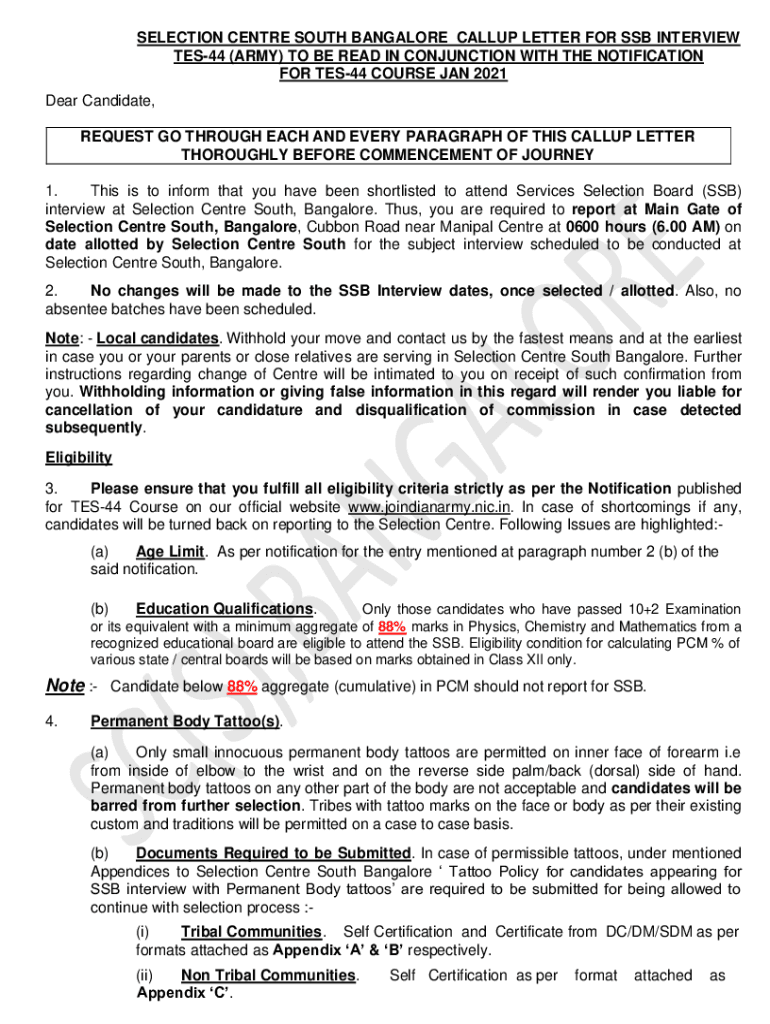 Fillable Online joinindianarmy nic SELECTION CENTRE SOUTH BANGALORE ...