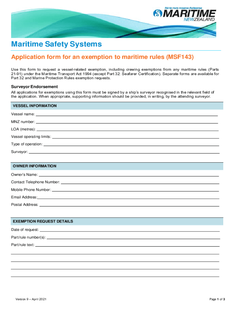 Fillable Online Exemption request form - maritime rules. MSF143 ...