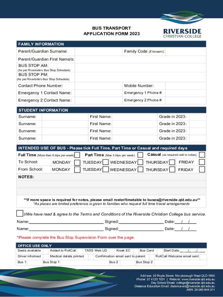 Fillable Online riverside qld edu BUS TRANSPORT APPLICATION FORM 2023 ...