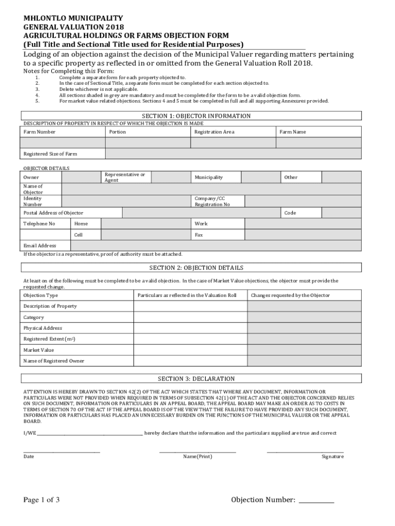 Fillable Online VALUATION OBJECTION FORM Fax Email Print - pdfFiller