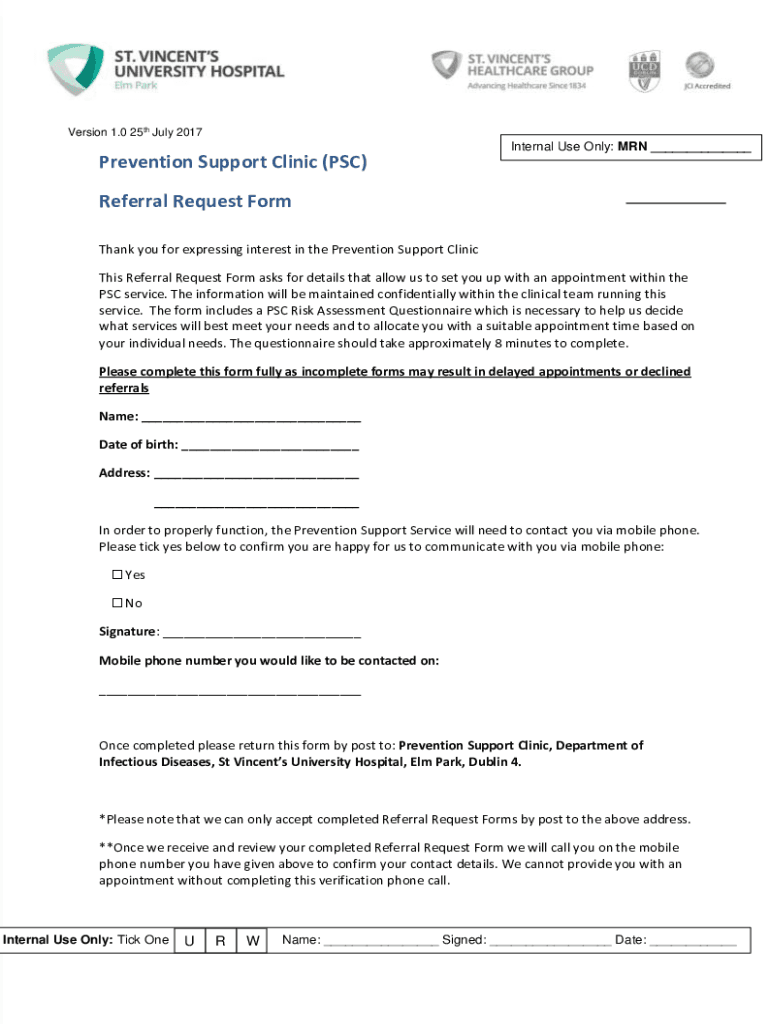 Fillable Online Prevention Support Clinic (PSC) Referral Request Form ...