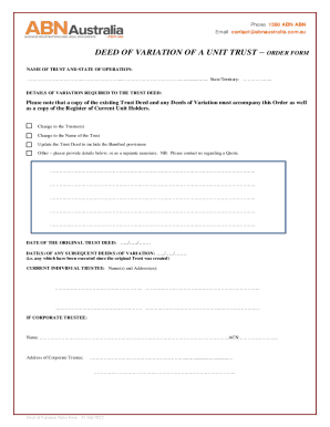 Fillable Online DEED OF VARIATION OF A UNIT TRUST ORDER FORM Fax Email ...