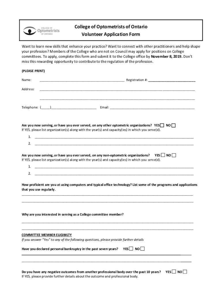 Fillable Online College of Optometrists of Ontario Volunteer ...
