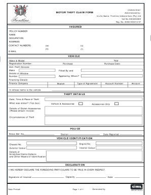 Fillable Online MOTOR THEFT CLAIM FORM INSURED VEHICLE THEFT DETAILS ...