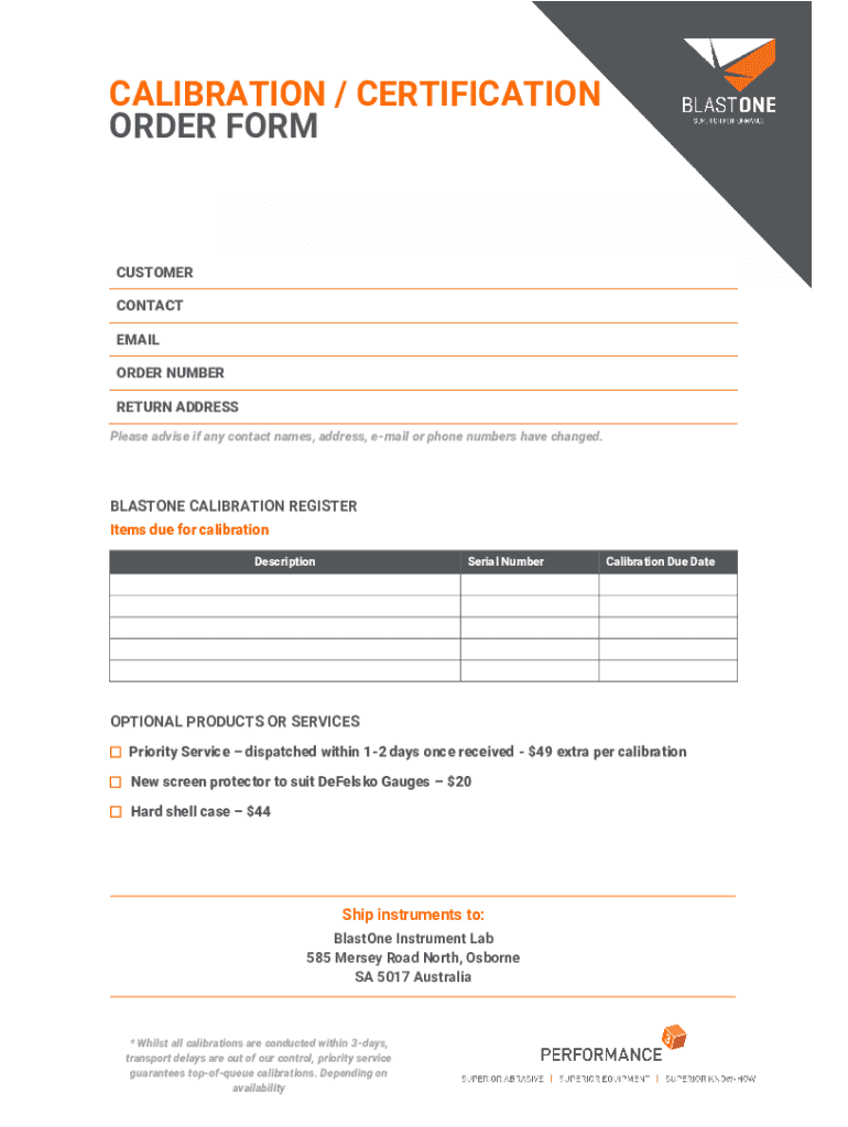 Fillable Online CALIBRATION / CERTIFICATION ORDER FORM Fax Email Print ...