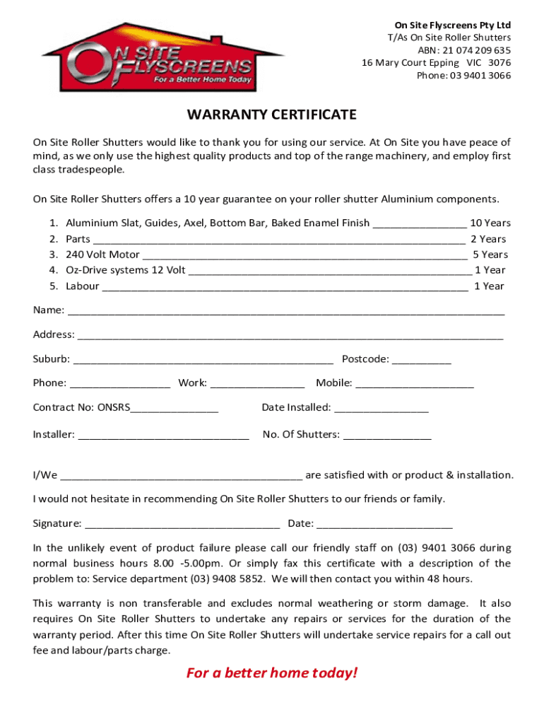 Fillable Online For a better home today! WARRANTY CERTIFICATE Fax Email ...