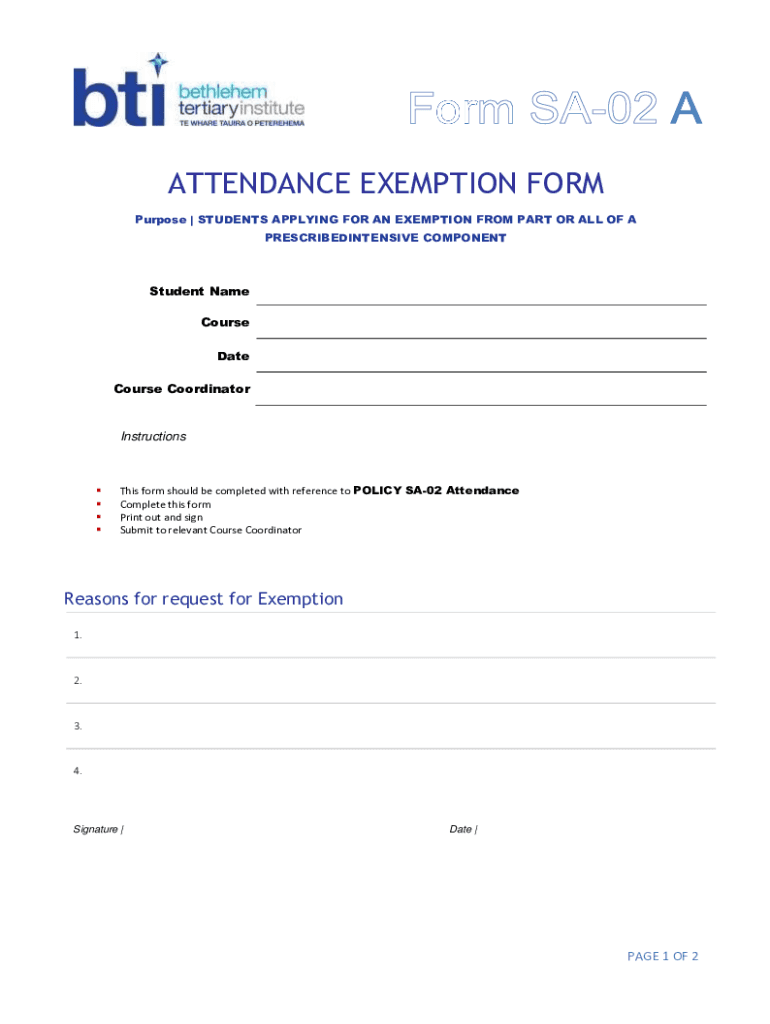 Fillable Online bti ac ATTENDANCE EXEMPTION FORM Fax Email Print ...