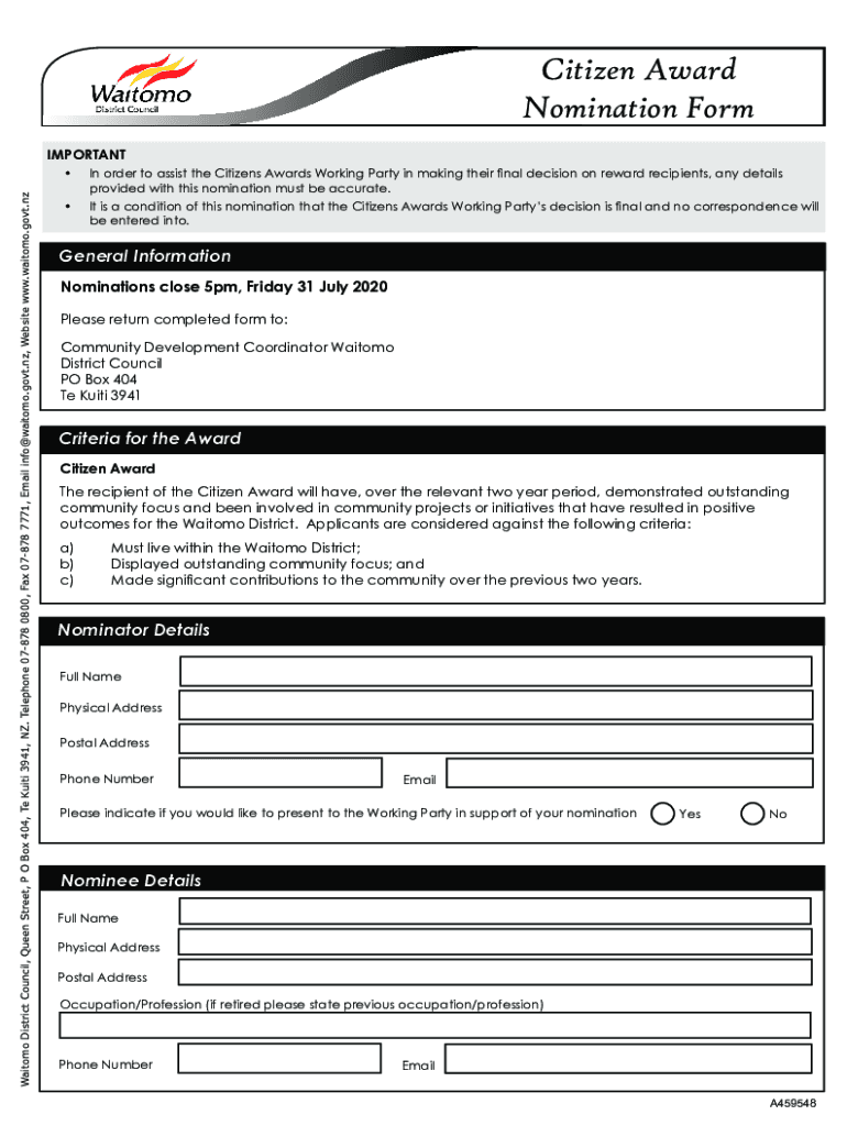 Fillable Online Citizen Award Nomination Form Fax Email Print - pdfFiller
