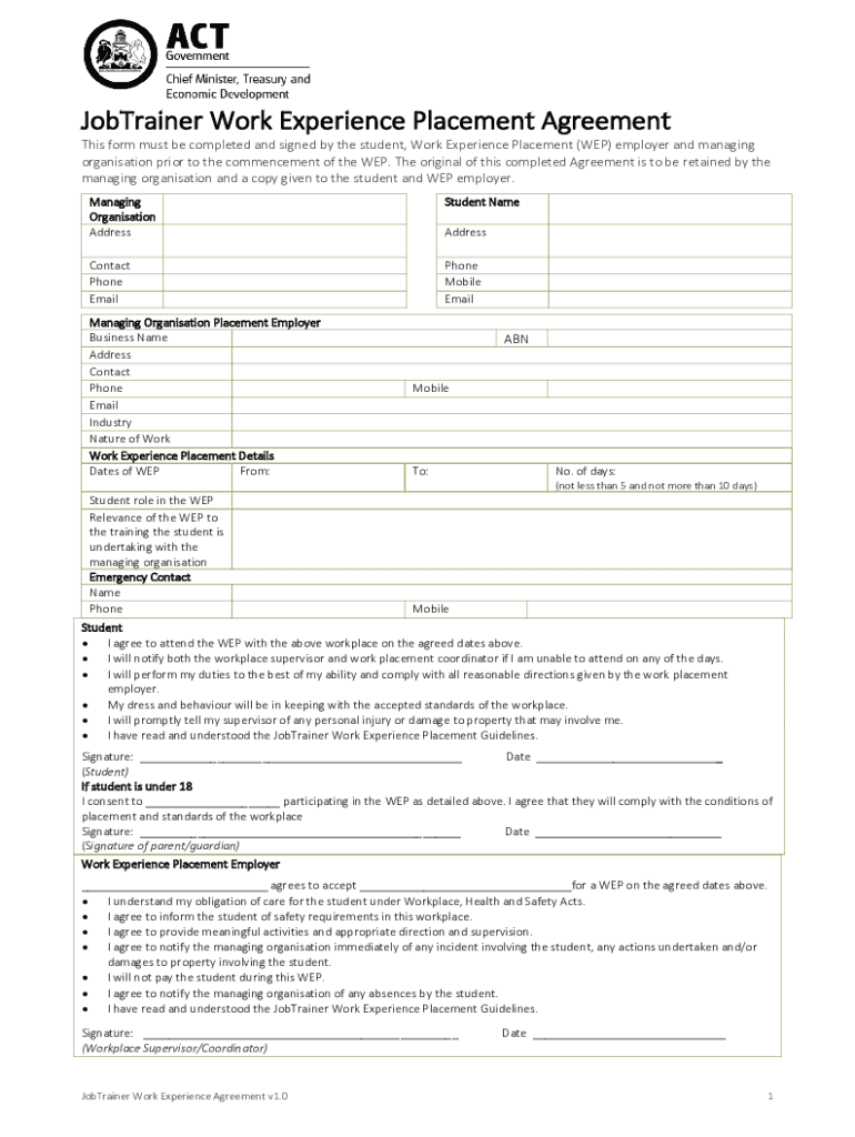 Fillable Online Work Education Agreement - Central Forms Repository (CFR) Fax Email Print ...