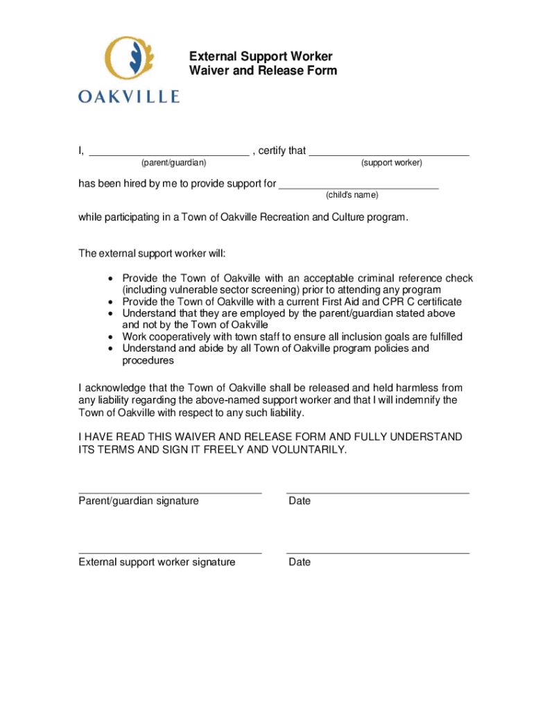 Fillable Online External Support Worker Waiver and Release Form Fax ...
