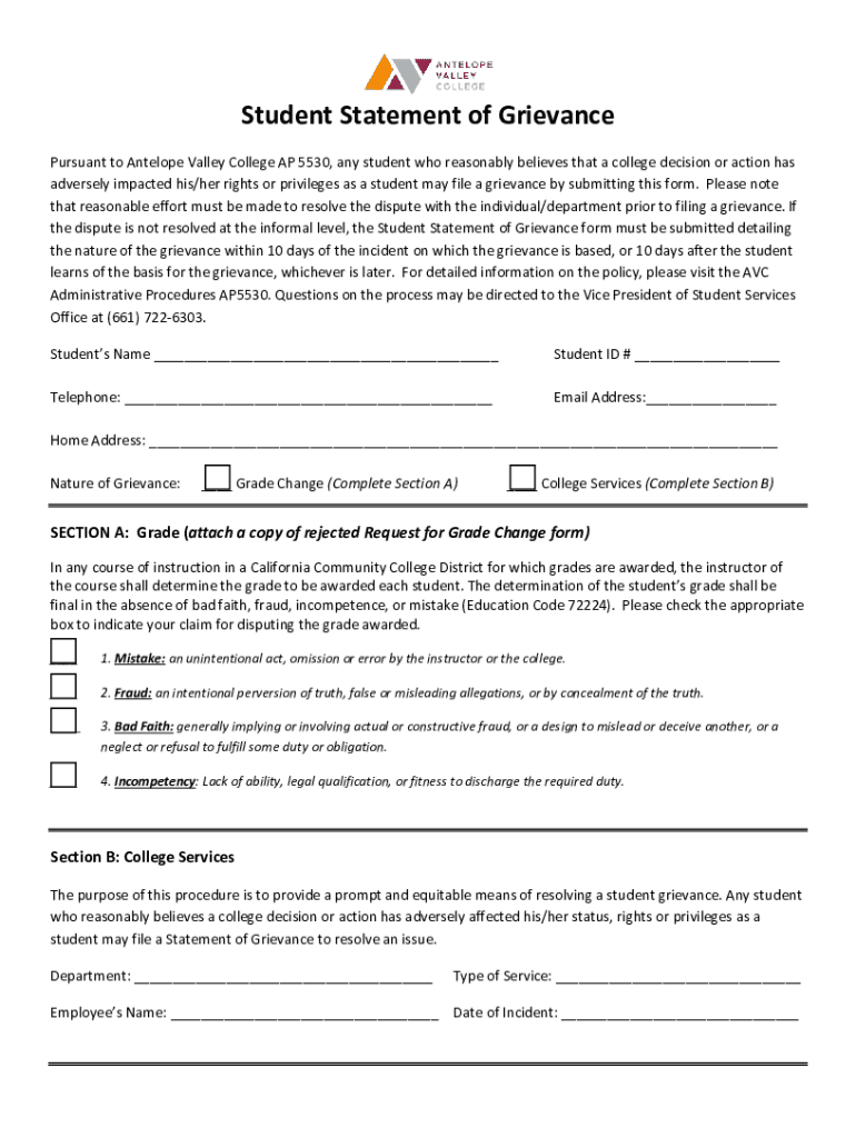 Fillable Online Student Statement of Grievance Fax Email Print - pdfFiller